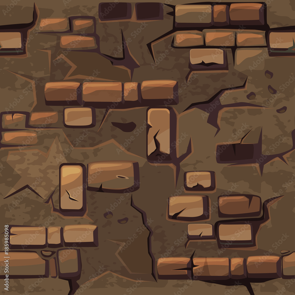 Cartoon seamless pattern texture old crack brown brick wall, vector ...