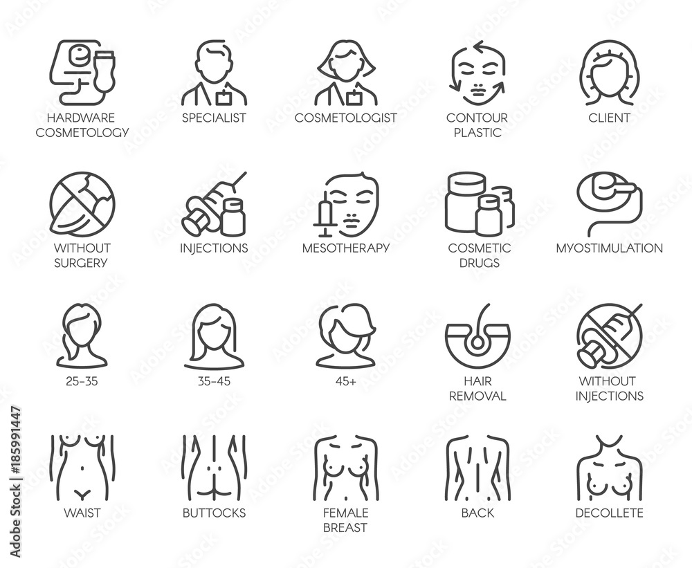 Cosmetology line icons. Big set of 20 outline pictograms isolated on ...