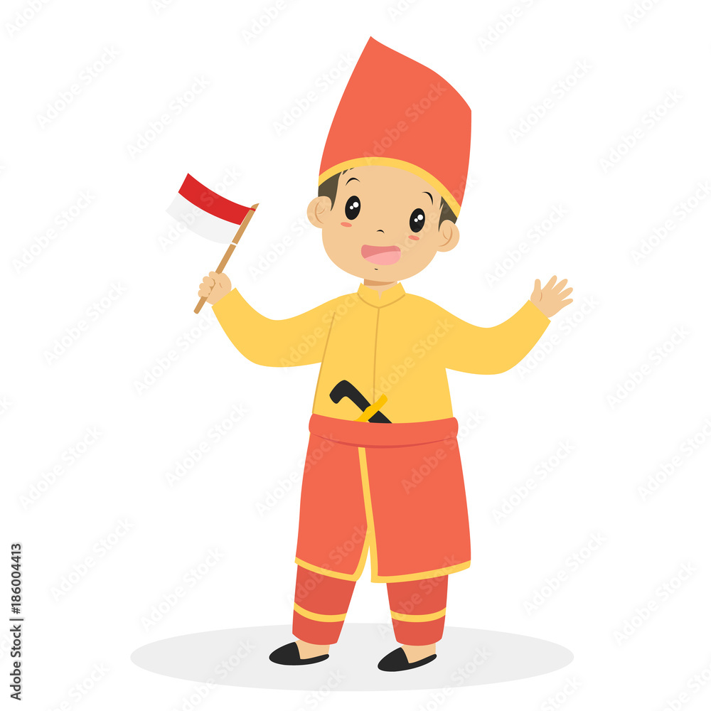 Boy wearing Southeast Sulawesi, traditional dress and holding ...