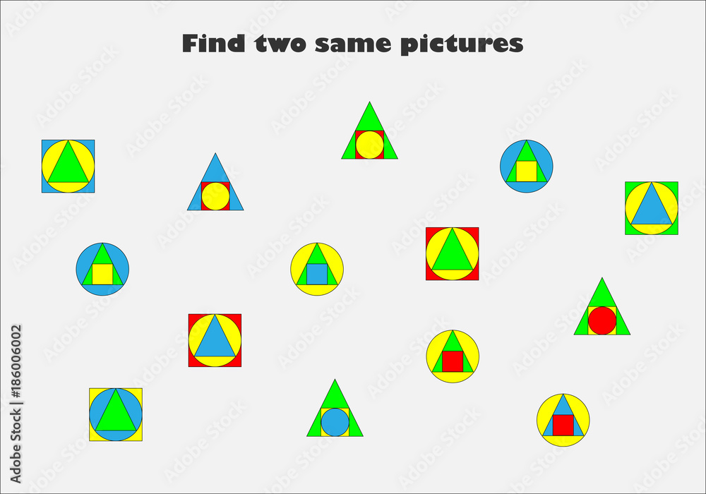 Find two identical pictures, fun education game with colorful geometric ...