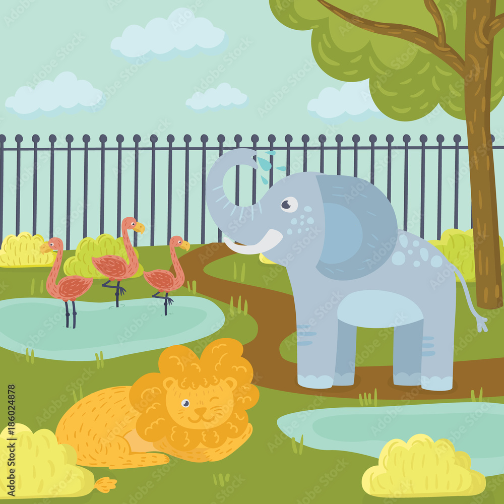 Funny cartoon animals in zoo park. Flamingos in pond, elephant spraying ...