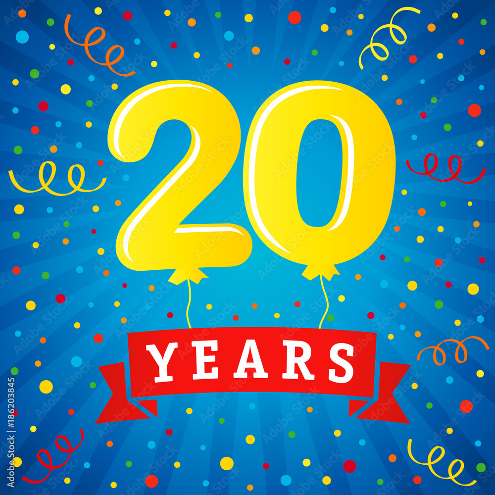 20 years anniversary celebration with colored balloons & confetti ...