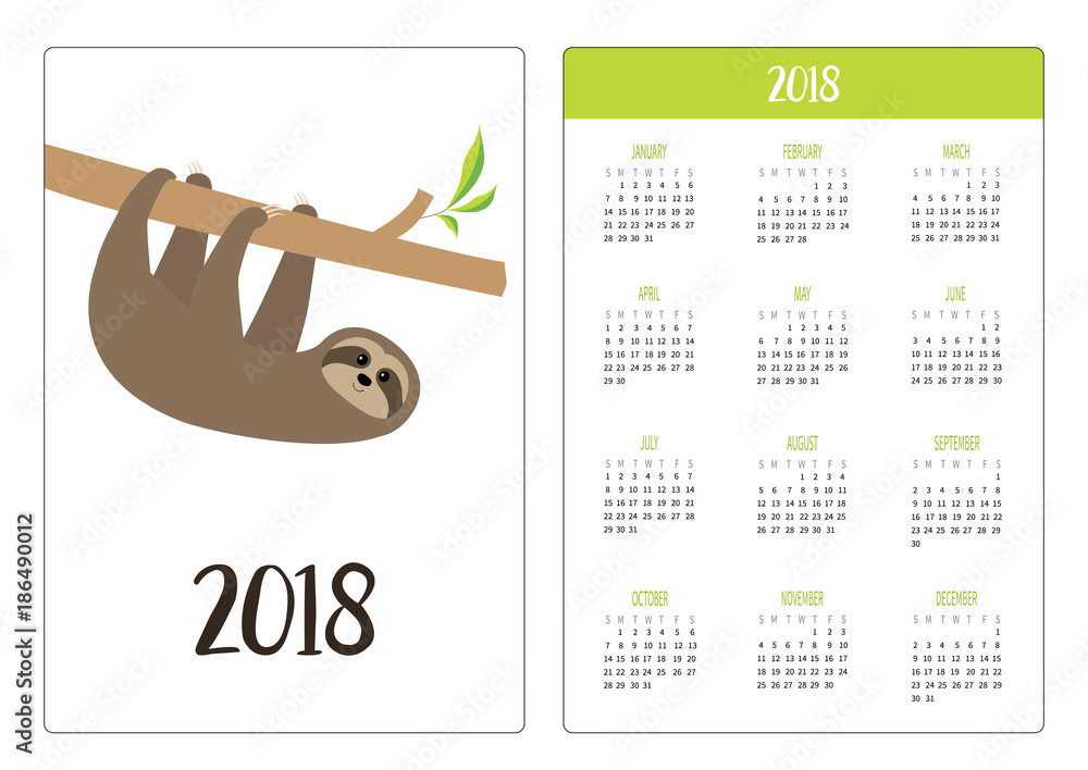 Pocket calendar 2018 year. Week starts Sunday. Sloth hanging on tree ...