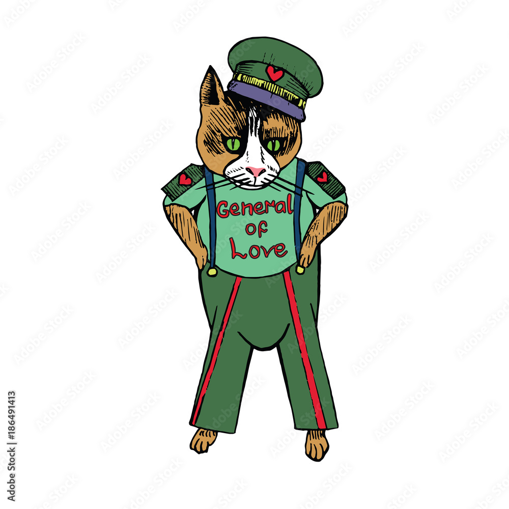 Cartoon character of funky cat in soviet military form with inscription ...
