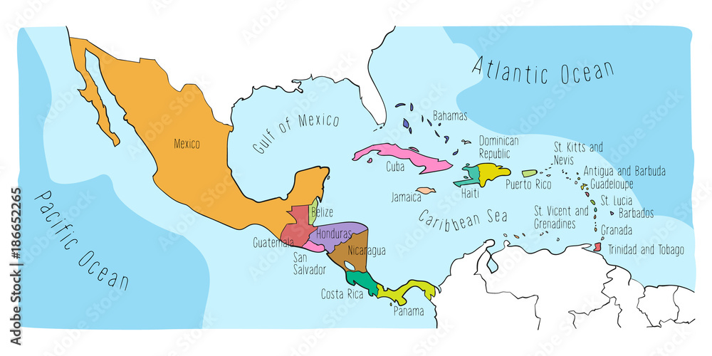 Hand drawn vector map of Central America and Mexico. Colorful cartoon ...
