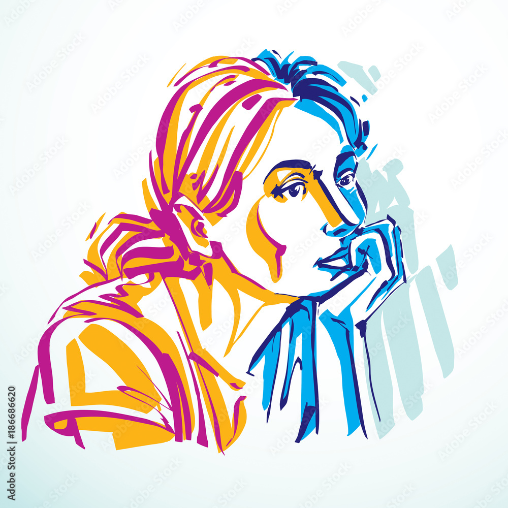 Vector portrait of attractive dreamy woman, facial expressions of young ...