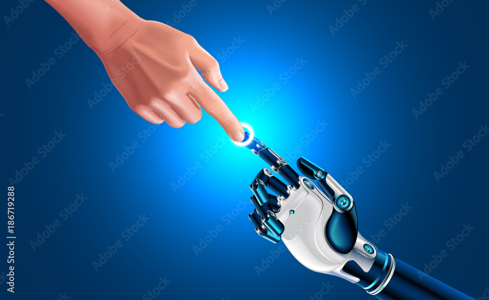 Stock-Vektorgrafik „Artificial robot hand touch human hand. Symbol of connection and interaction ...