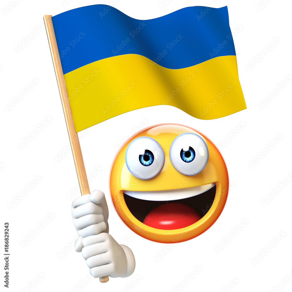 Emoji holding Ukrainian flag, emoticon waving national flag of Ukraine ...