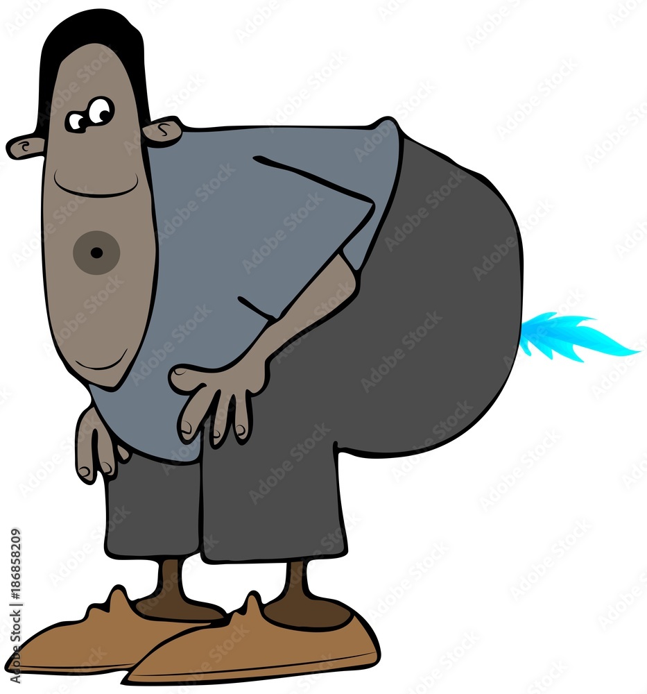 Illustration of a black man bent over, letting a fart with a blue flame ...