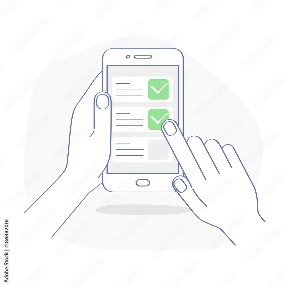 Checklist on smartphone display, checkboxes with check mark. List of ...