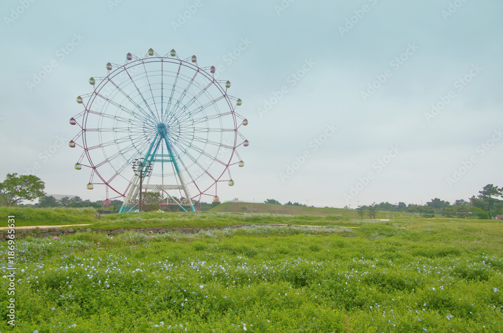 Simple red and blue ferris Wheel with sky background stands on the ...