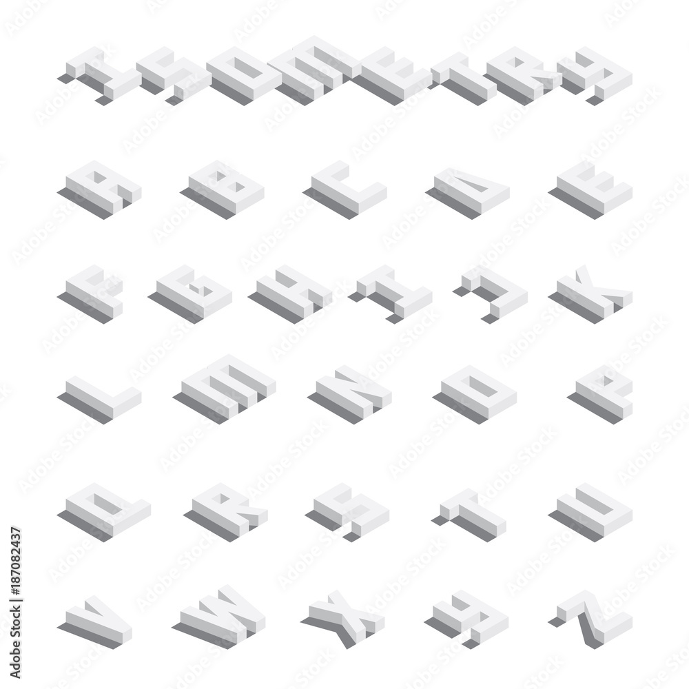 Isometric english letters from A to Z laying down with drop shadows ...