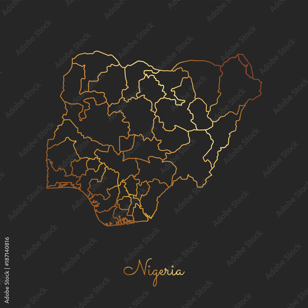 Nigeria region map: golden gradient outline on dark background. Detailed map of Nigeria regions ...