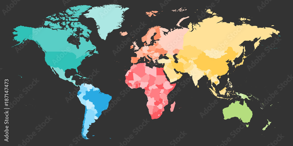 Colorful political map of World divided into six continents. Blank ...
