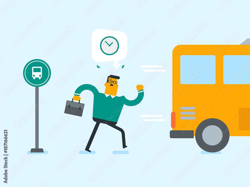 Caucasian white businessman running for an outgoing bus. Young man ...