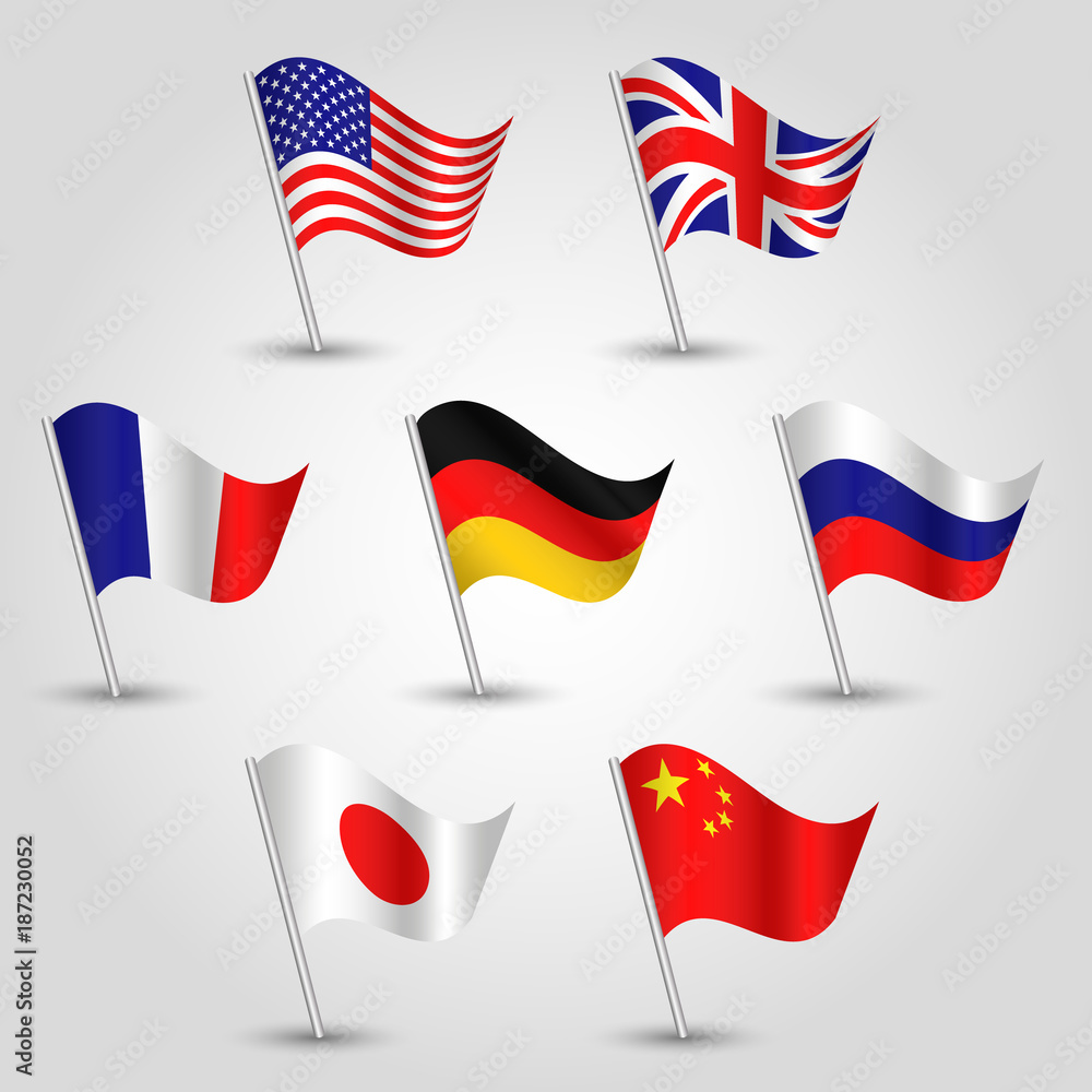 vector set of waving flags seven great power states on silver pole ...