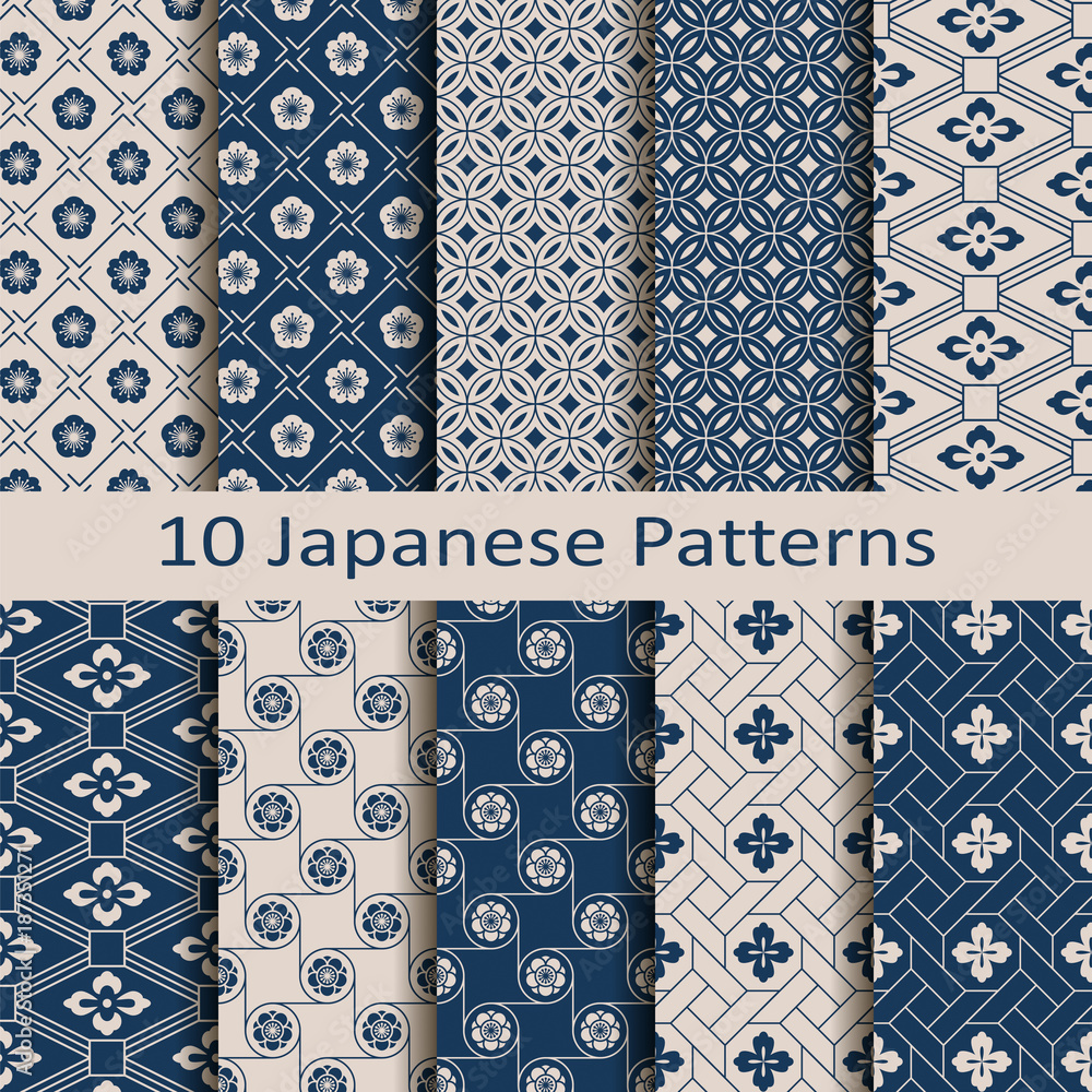set with eight seamless vector blue japanese floral geometric paterns ...
