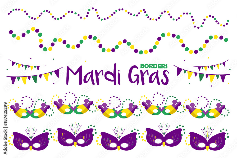 Set, collection of vector hand drawn borders for Mardi Gras party ...