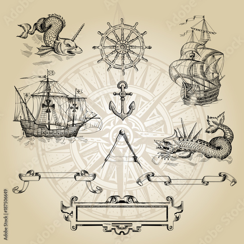 Set of decorative elements for the design of an old geographical map ...