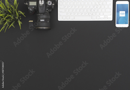 Black Office Desk with Camera and Smartphone Mockup Stock Template ...