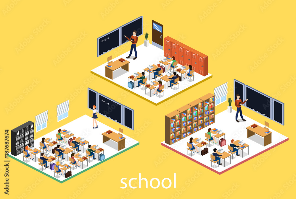 Isometric 3D vector illustration Interior class in school with students ...