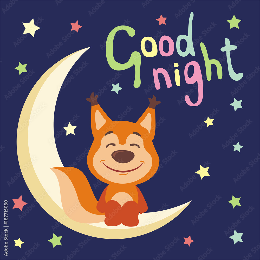 Good night! Funny squirrel in cartoon style sitting on moon. Stock ...