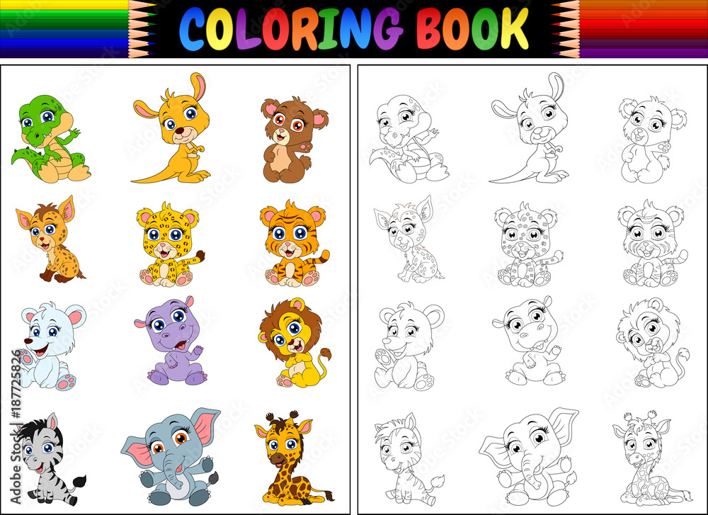 Coloring book with cartoon wild animals collection Stock Vector | Adobe ...
