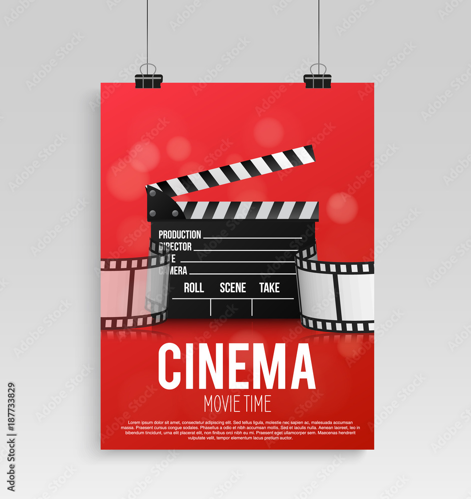 Realistic red cinema poster in the frame with an image hanging on a ...