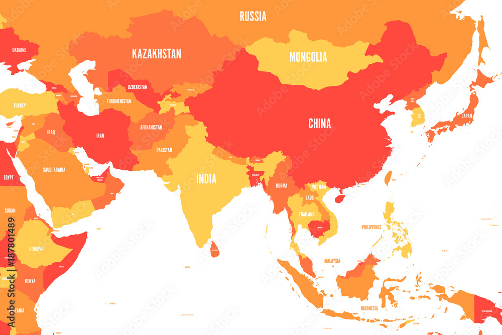 Vetor Political map of western, southern and eastern Asia in shades of ...