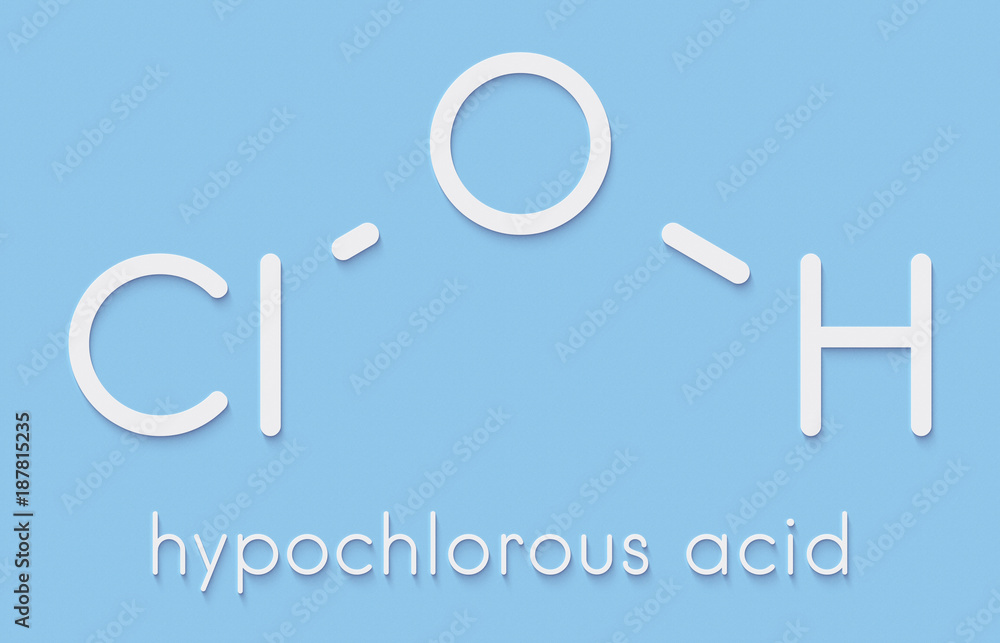 Hypochlorous acid (HClO) disinfectant molecule. Formed when chlorine is ...