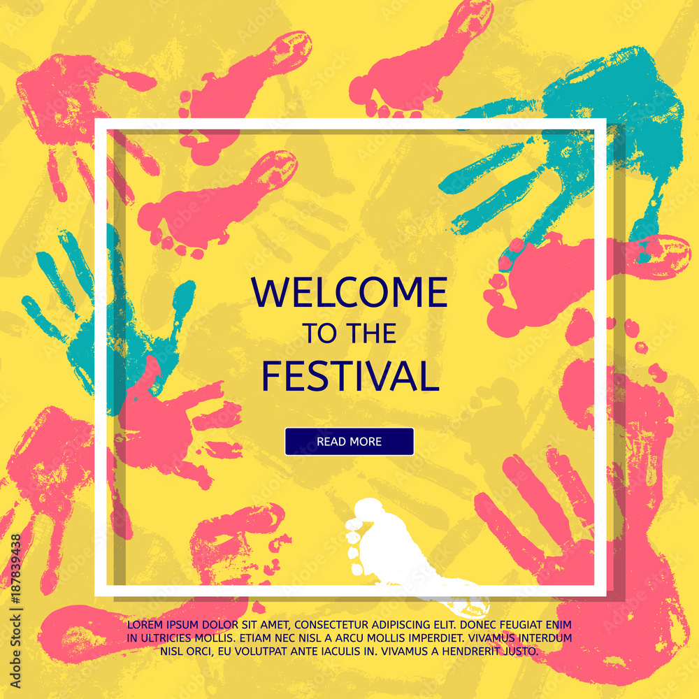 Handprint and footprint concept poster. Creative frame with watercolor ...