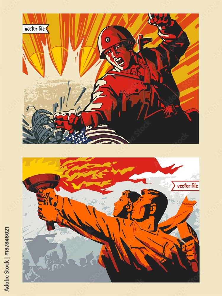 Propaganda and war poster set in colorful vector illustration painting ...
