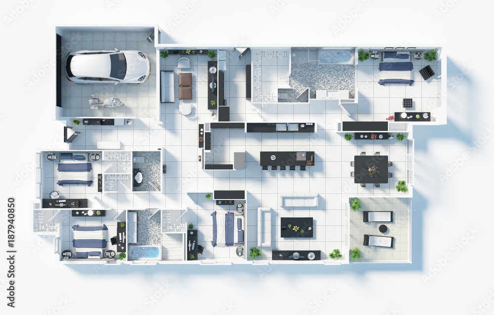 Floor plan of a house top view 3D illustration. Open concept living ...