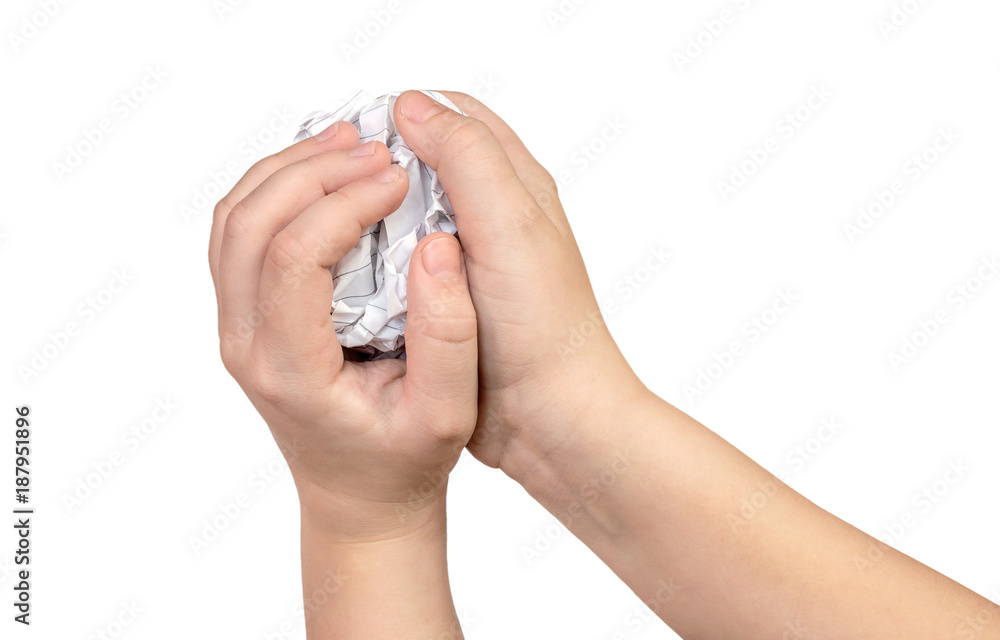 Two child hands holding crumpled paper. Isolated on white. Stock Photo ...
