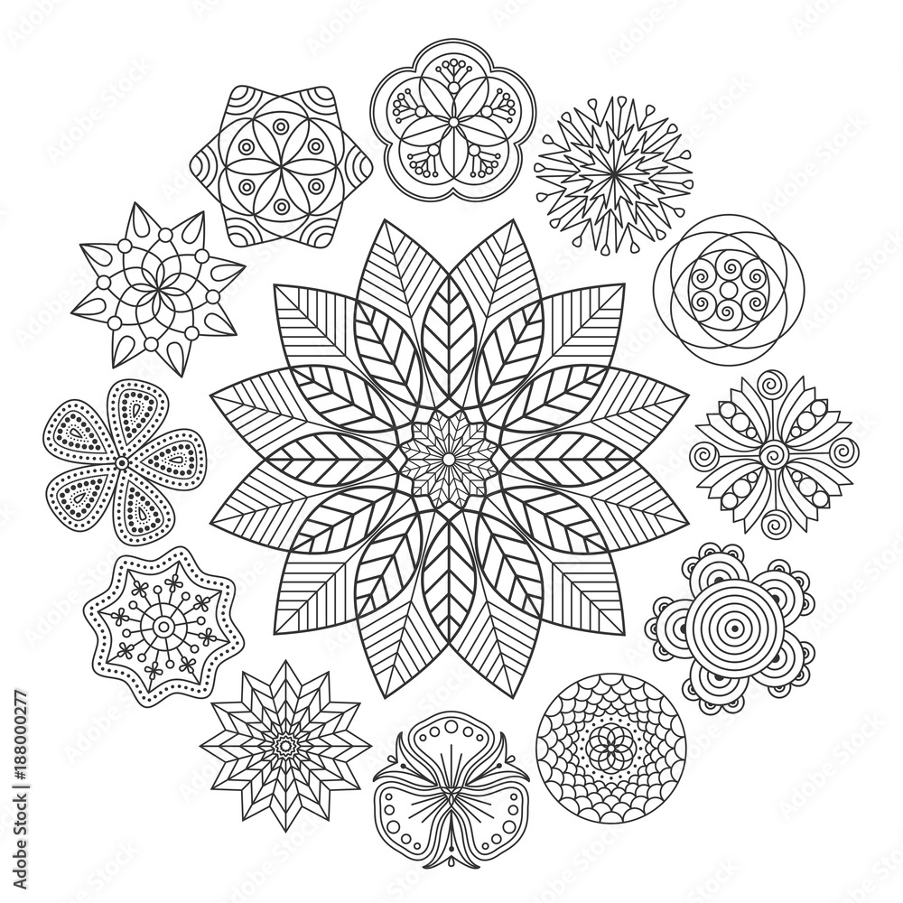 Wreath mandala illustration for coloring book pages. Set of abstract ...