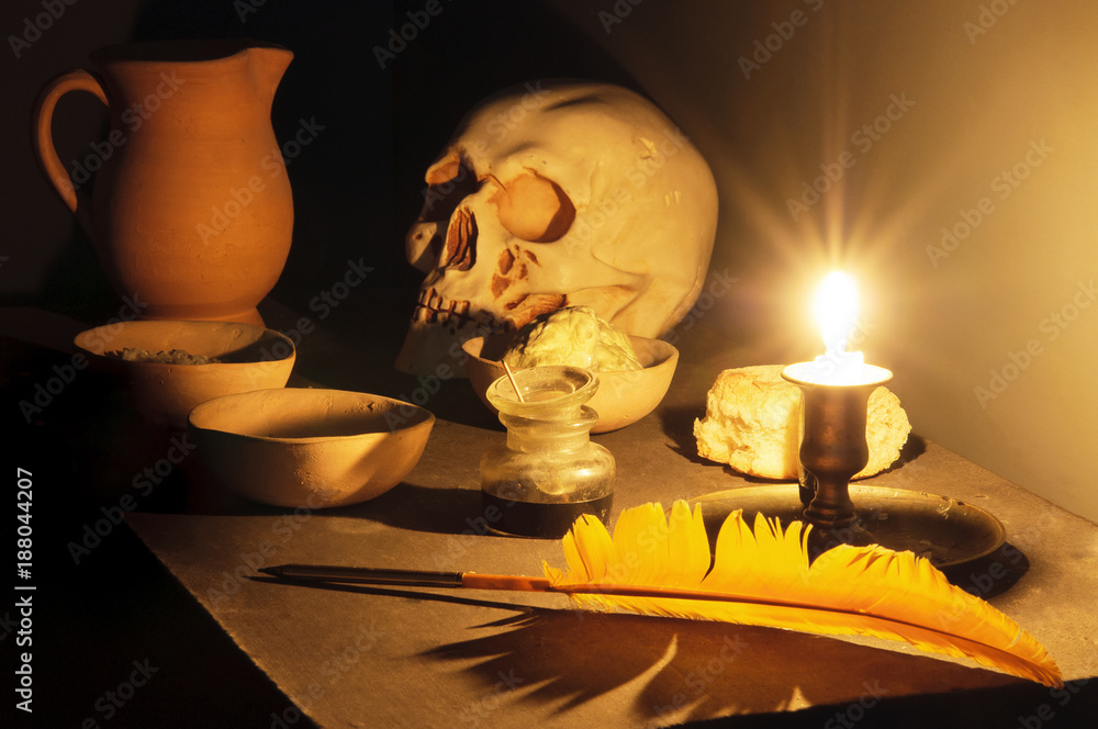 Masonic reflection chamber with alchemic symbols: the skull, the pen ...