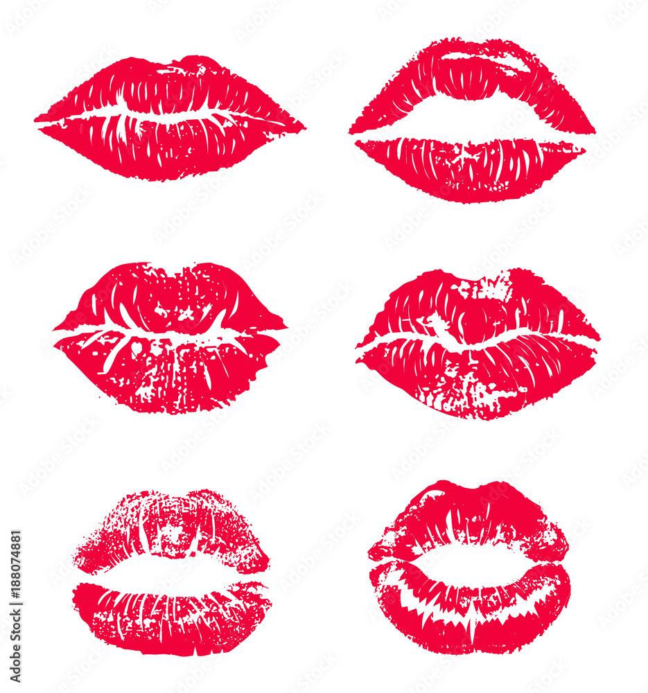 Image vectorielle Stock Lipstick kiss print isolated vector set. red vector lips set. Different ...