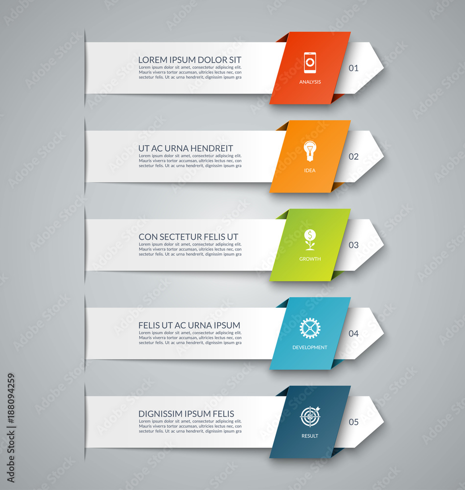 Infographic banner with 5 arrows. Can be used for diagram, graph, chart ...