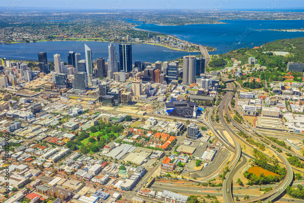 Aerial view of Perth Downtown and Skyline in Australia. Scenic flight ...