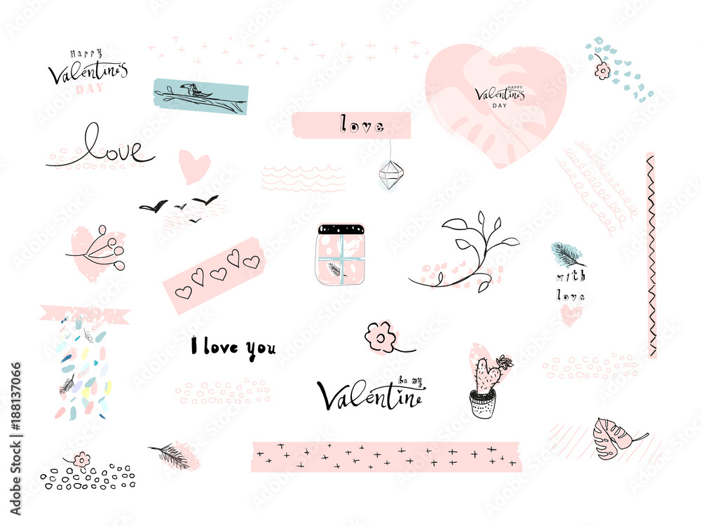 Valentine s Day Set of Lovely Abstract Hand Drawn decorative elements ...