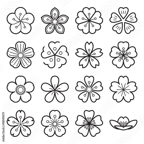 Sakura icons. Collection of 16 linear Japanese cherry blossom symbols ...