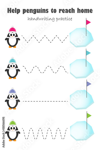 Penguin cartoon style, handwriting practice sheet, kids preschool ...