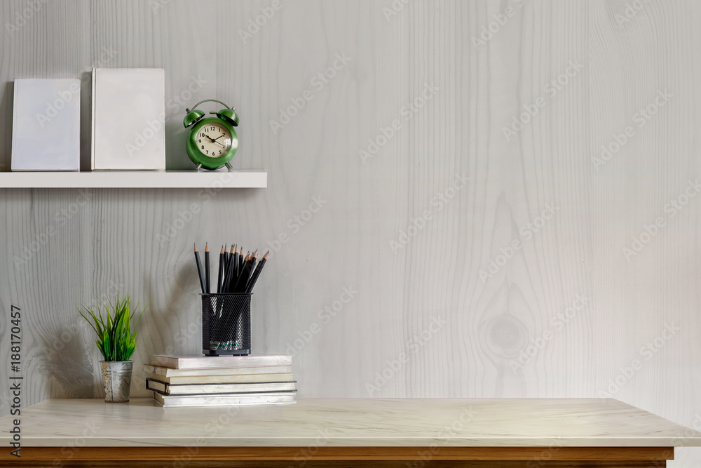 Mock up desk top concept, Workspace with office supplies , books on ...