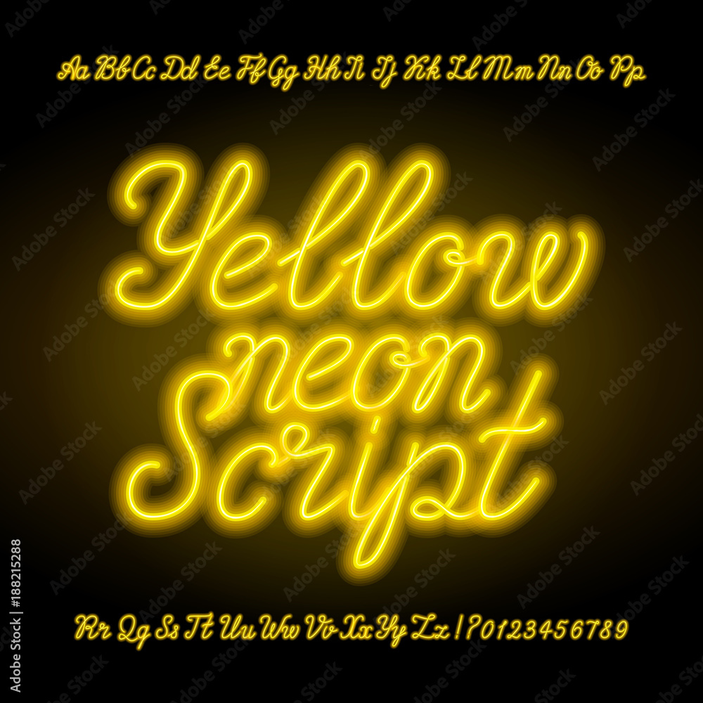 Vector de Stock Yellow neon script alphabet font. Handwriting neon ...