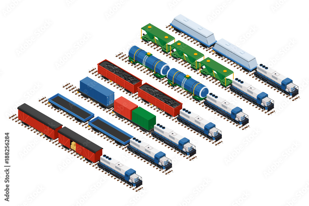 Vector isometric illustration of a set of railway trains consisting of ...