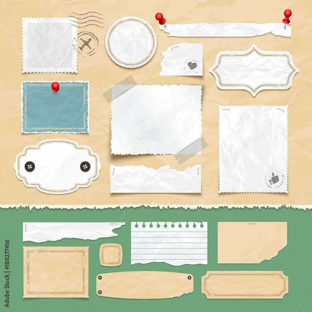 Vintage scrapbooking vector elements. Old scrap papers, photo frames ...