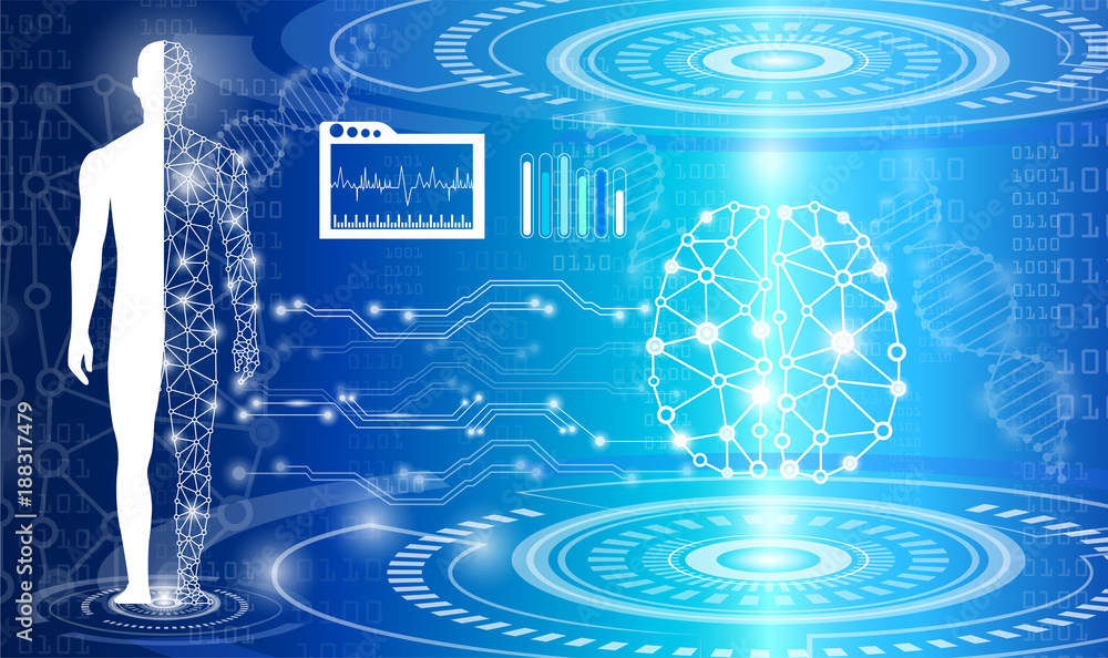 abstract background technology concept in blue light,brain and human ...