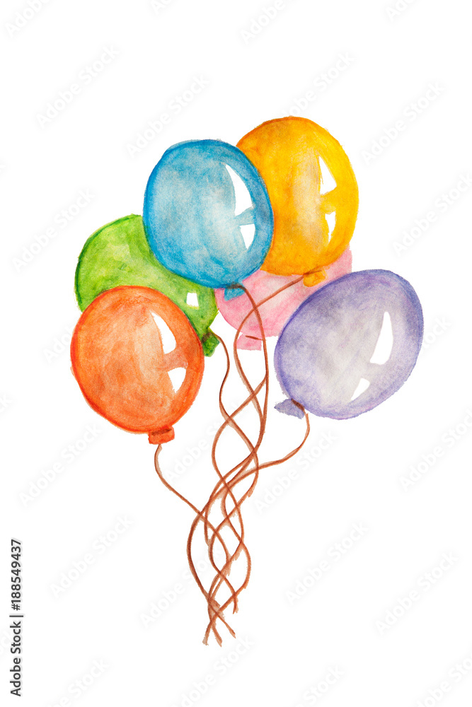 Hand drawn colorful air balloons, watercolor painting isolated on white ...