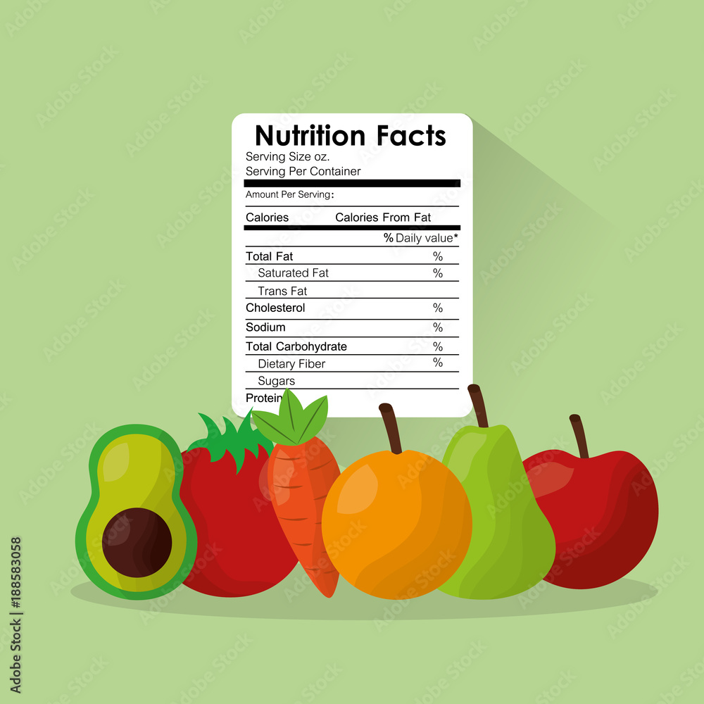 fruit and vegetables healthy food nutrition facts label benefits vector ...