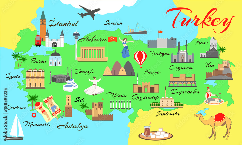 Map of turkey with main sights for tourists. Turkish attraction. Stock ...